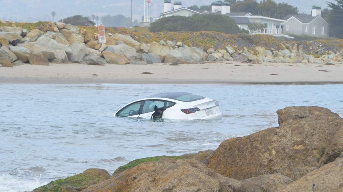 Tesla car stranded in ocean in Santa Barbara County CA | San Luis ...